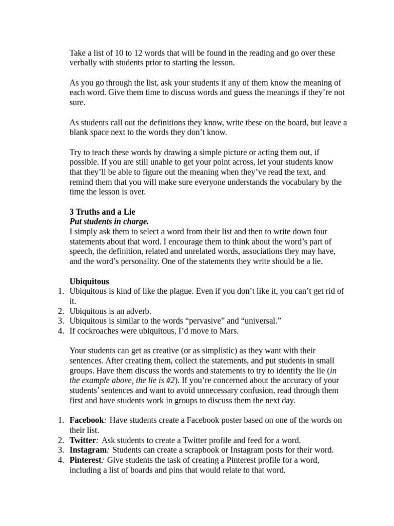 Take A List of 10 To 12 Words That Will Be Found in The Reading and Go ...