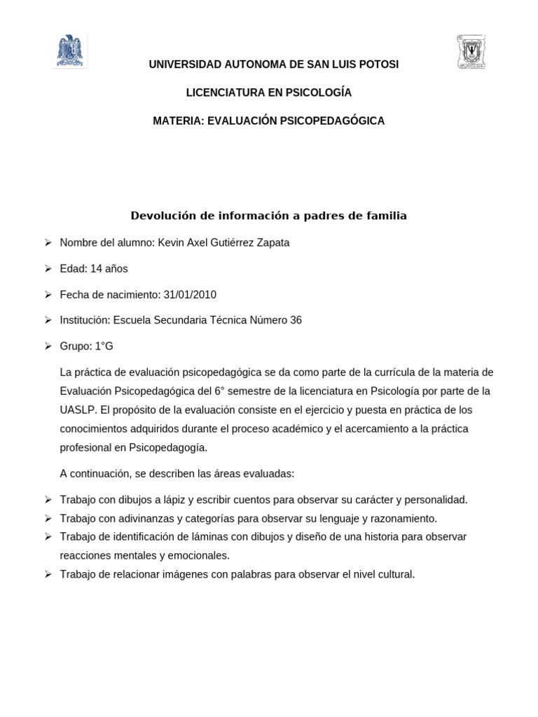 Guia Devolucion A Padres 2024 1 | PDF | Las emociones | Evaluación