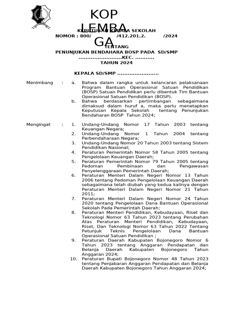 Contoh SK Penunjukan Bendahara BOSP | PDF | Pengelolaan Keuangan & Uang