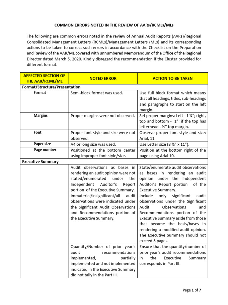 Common Errors Observed in AAR - RCML Review - Final - Signed | PDF ...