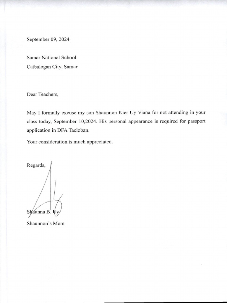 Shaunnon Excuse Letter | PDF
