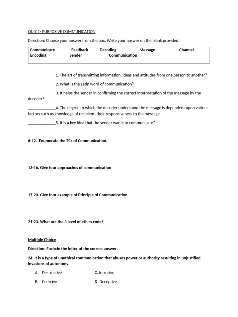 QUIZ 1 Purposive | PDF | Communication | Psychological Concepts