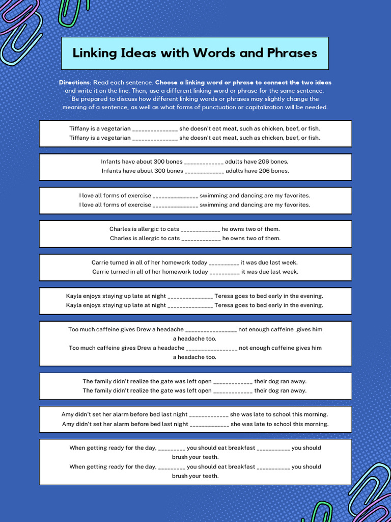 Writing Sentences With Linking Words and Phrases Worksheet in Denim ...