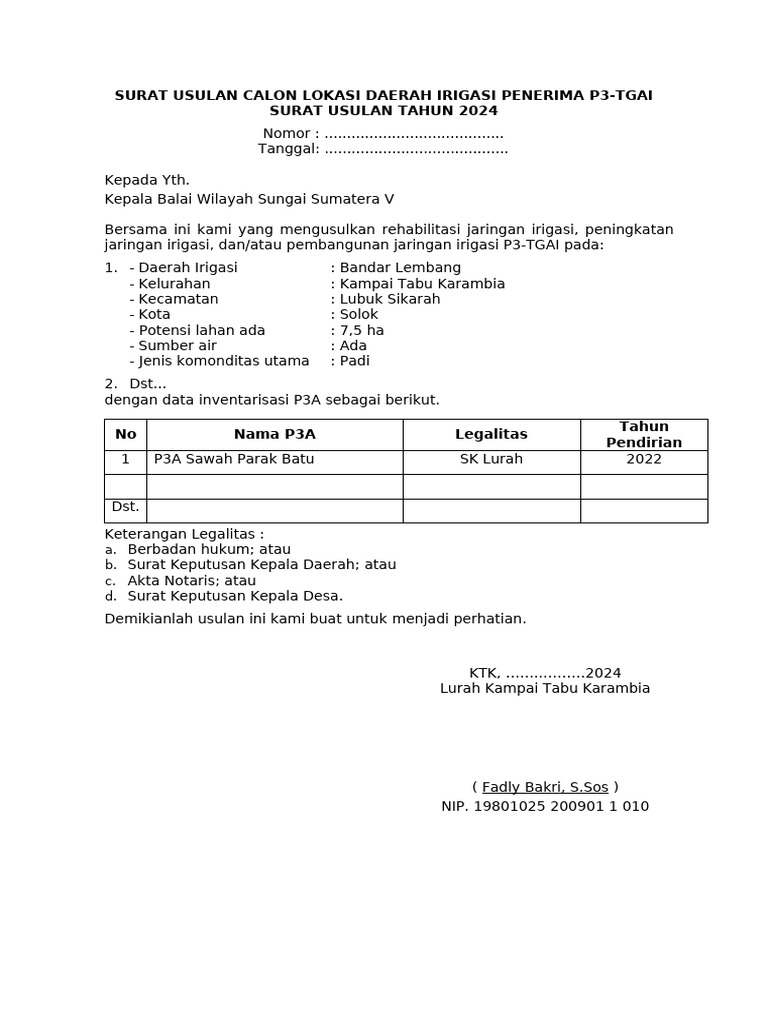 Surat Usulan Calon Lokasi Penerima P3tgai - P3a Sawah Parak Batu | PDF