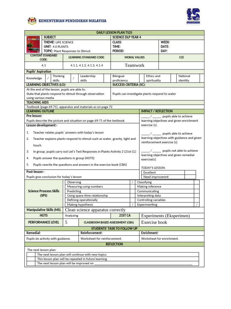 SC DLP Y4 TS25 (Unit 4) | PDF | Lesson Plan | Experiment
