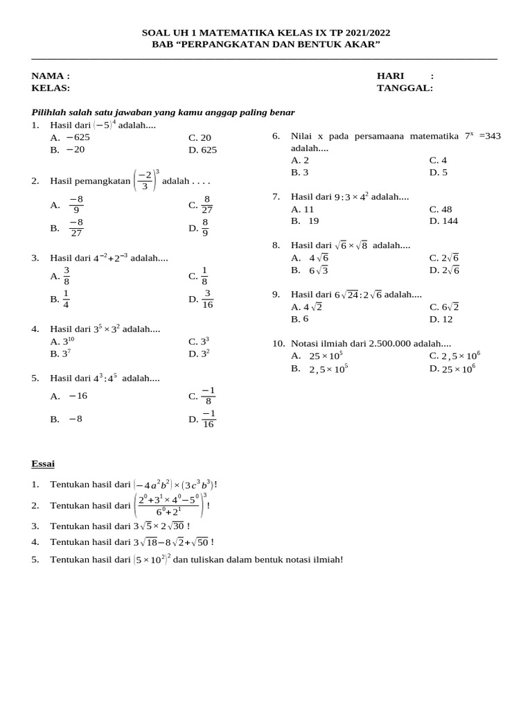 Uh 1 MTK Kelas Ix - Perpangkatan Dan Bentuk Akar 2021 New | PDF