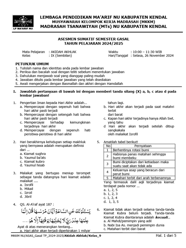 Naskah Soal Akidah Akhlak KLS 9 Semester Ganjil 24-25 | PDF