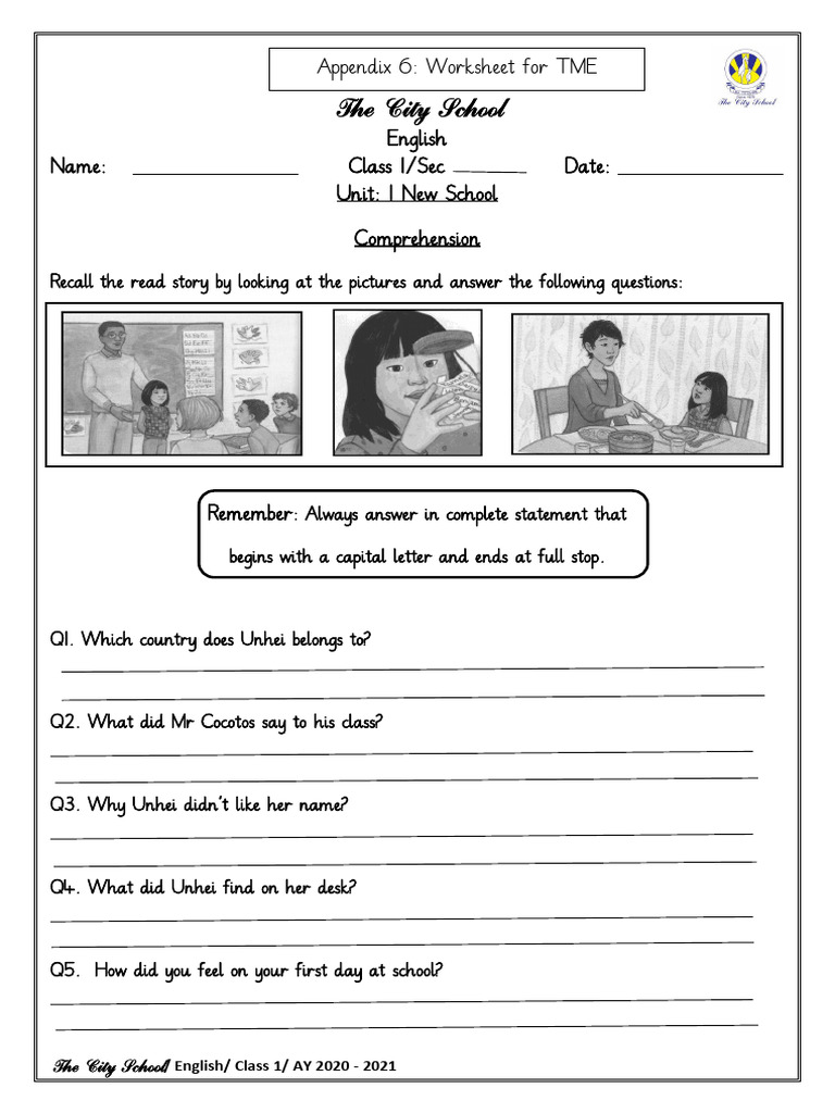 Class 1 English Comprehension Worksheet | PDF | Language Arts & Discipline