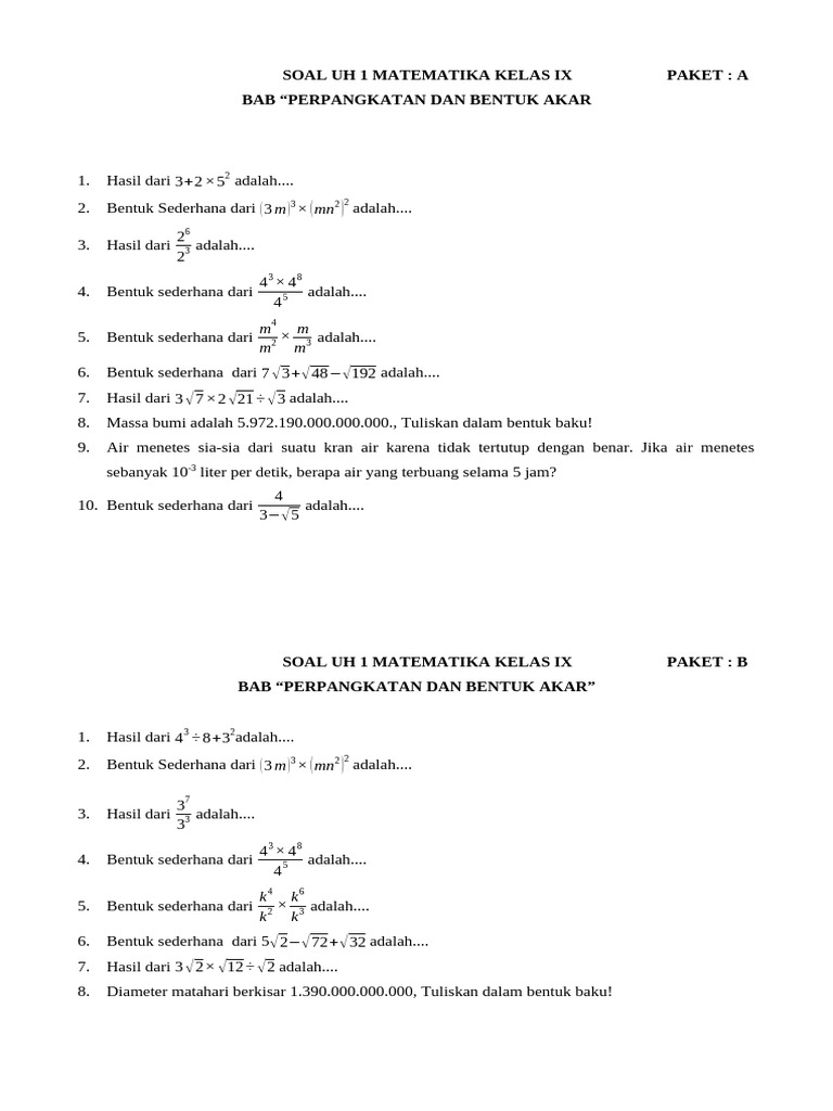 Uh 1 MTK Kelas Ix - Perpangkatan Dan Bentuk Akar | PDF