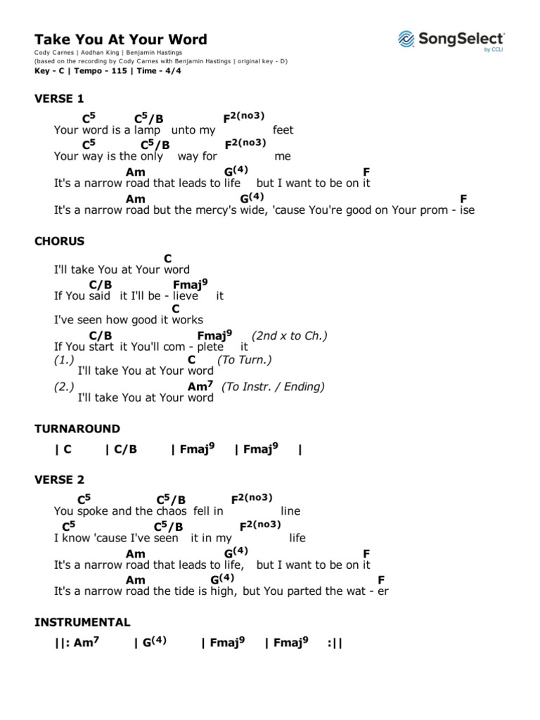Take You at Your Word - SongSelect Chart in C-10 | PDF