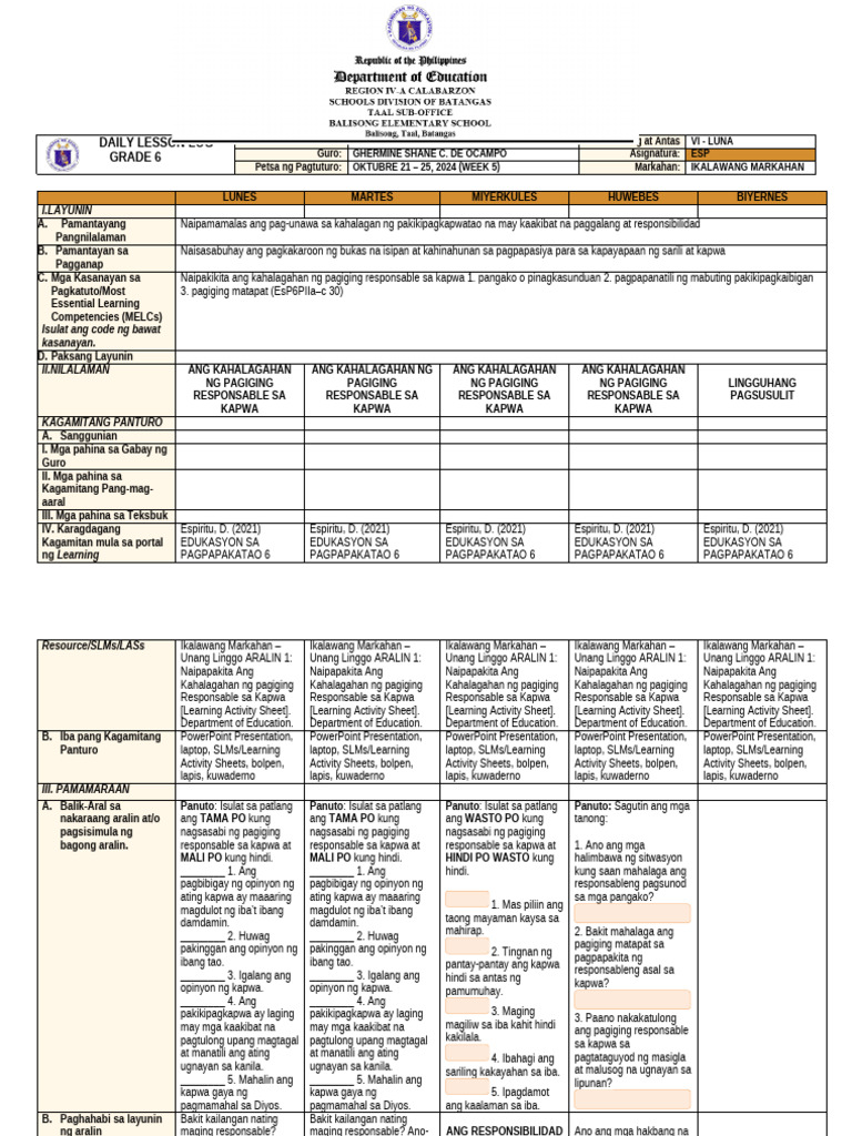 G6 Q2W5 DLL ESP (MELCs) | PDF