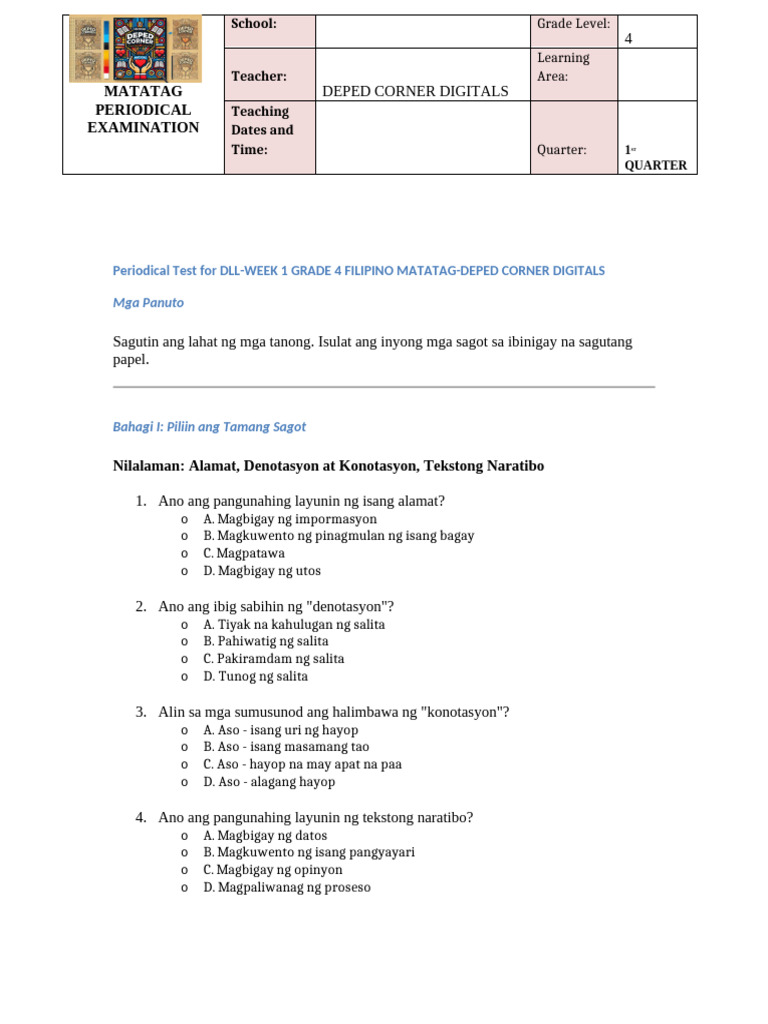 Pt-Week 1-Filipino - Deped Corner Digitals | PDF