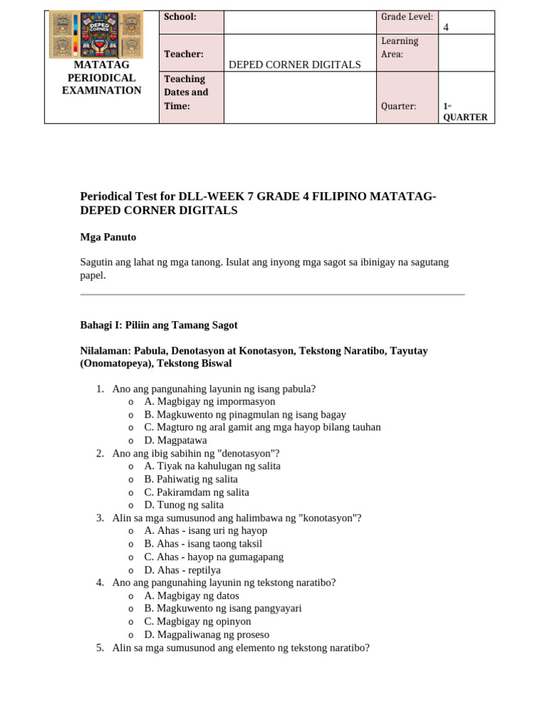 Pt-Week 7-Filipino - Deped Corner Digitals | PDF