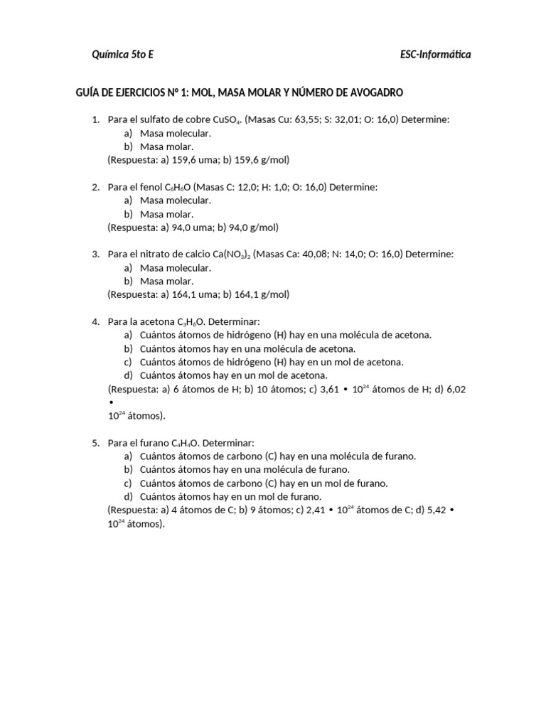 Ejercicios Moles Moleculas y Masa Molar | PDF | Mole (Unidad) | Química