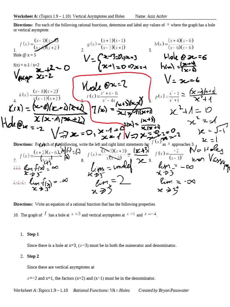 Worksheet A Topics 1.9-1.10 Rational Functions VA and Holes | PDF