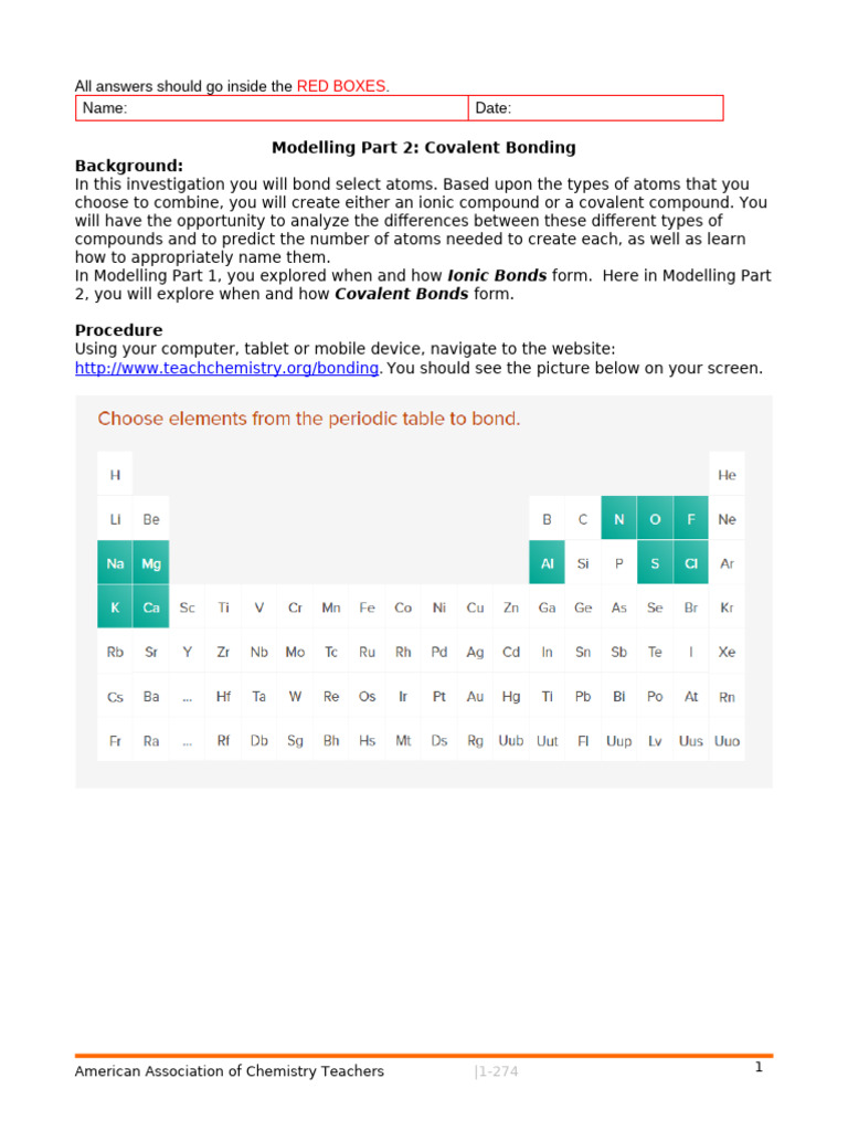Modelling+Covalent+Bonds+ +Student+Guide | PDF | Chemical Bond ...