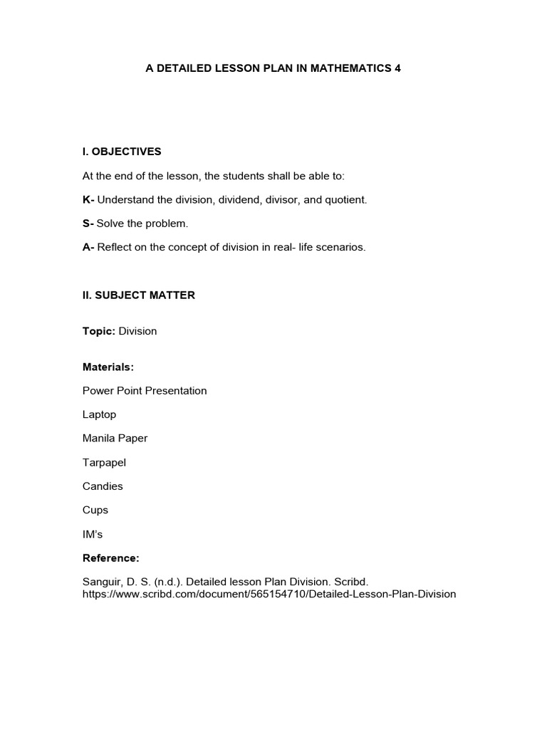 Division Lesson Plan for Grade 4 | PDF | Division (Mathematics) | Lord's Prayer