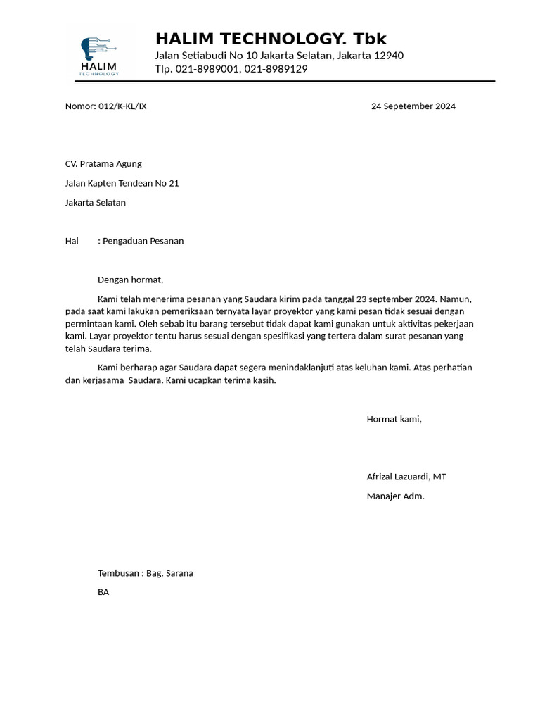 Surat Komplain | PDF