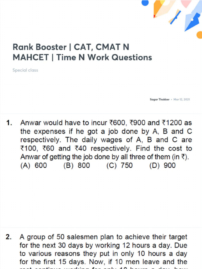 Rank Booster CAT CMAT N MAHCET Time N Work Questions No Anno | PDF