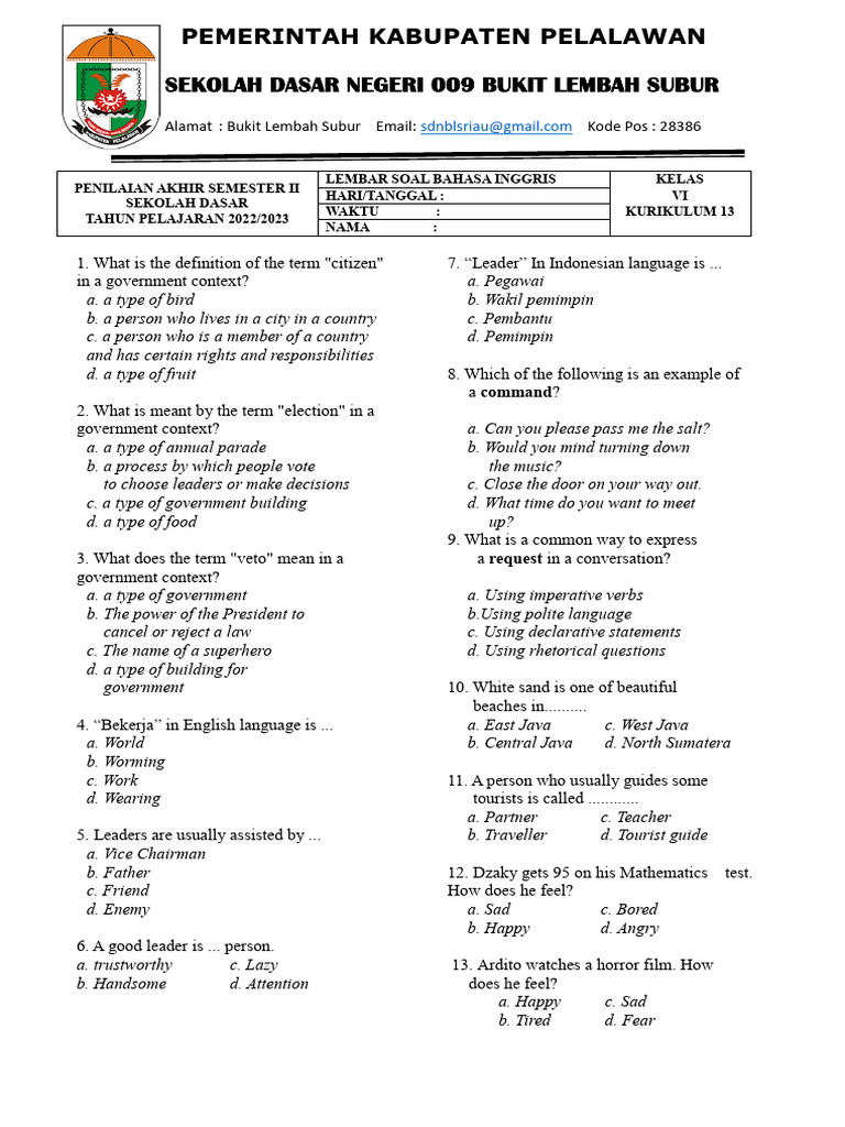 Soal Bahasa Inggris Kelas Vi SD | PDF