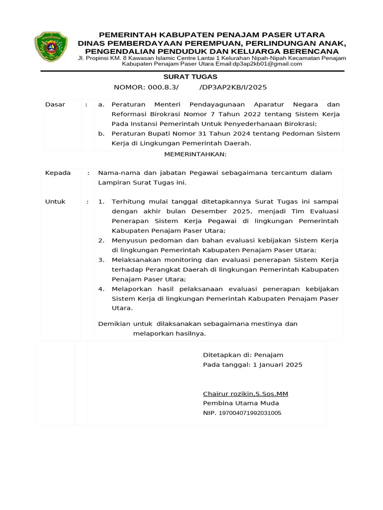 Surat Tugas Tim Evaluasi Sistem Kerja | PDF