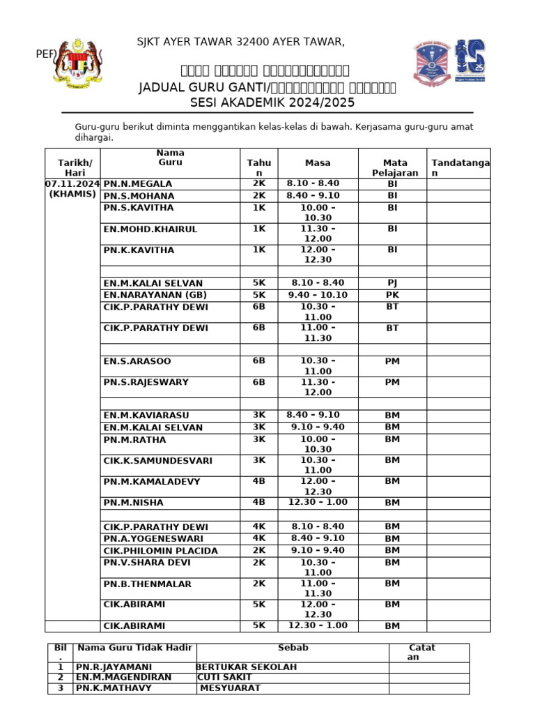 Jadual Ganti 07.11.2024 | PDF