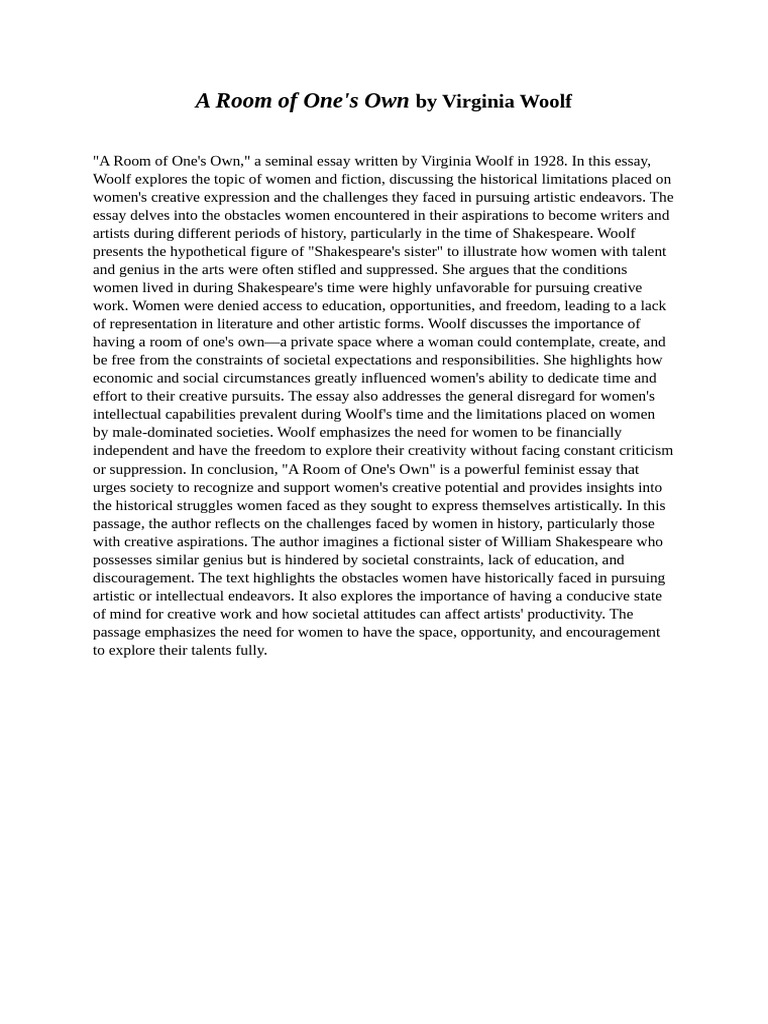 Virginia Woolf-Rooms of Ones Own | PDF | A Room Of One's Own | Virginia ...