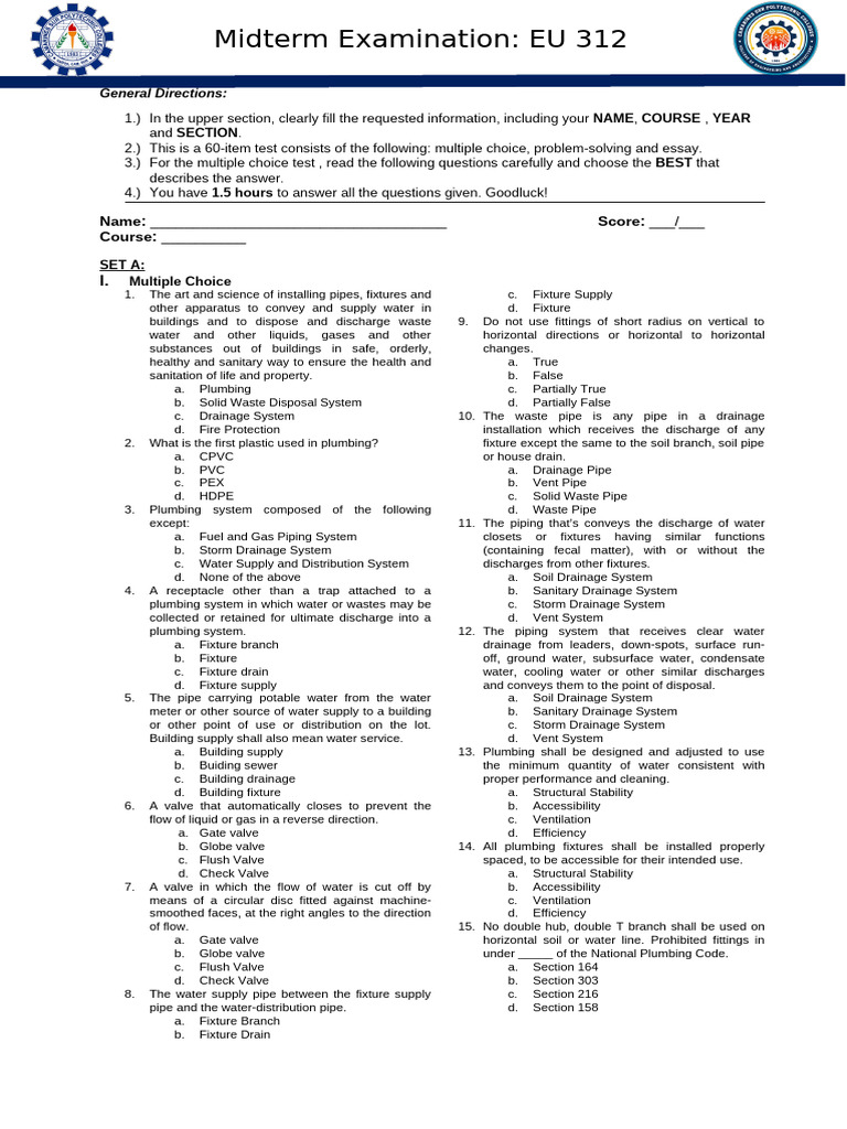 Midterm Exam (Engineering Utilities) - Set A | PDF | Sanitary Sewer | Plumbing