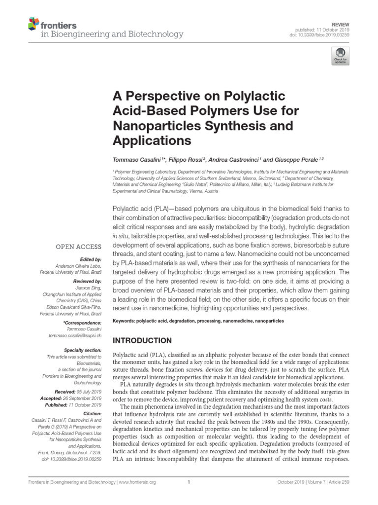 A Perspective On Polylactic Acid-Based Polymers Use For Nanoparticles Synthesis and Applications ...