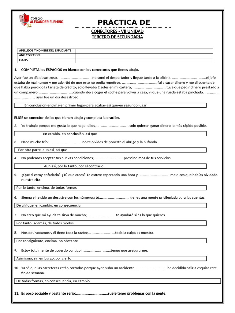 Ejercicios de Conectores para Secundaria | PDF