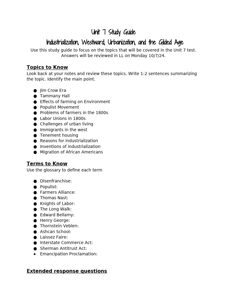Unit 7 Test Study Guide: Gilded Age | PDF | Finance & Money Management ...