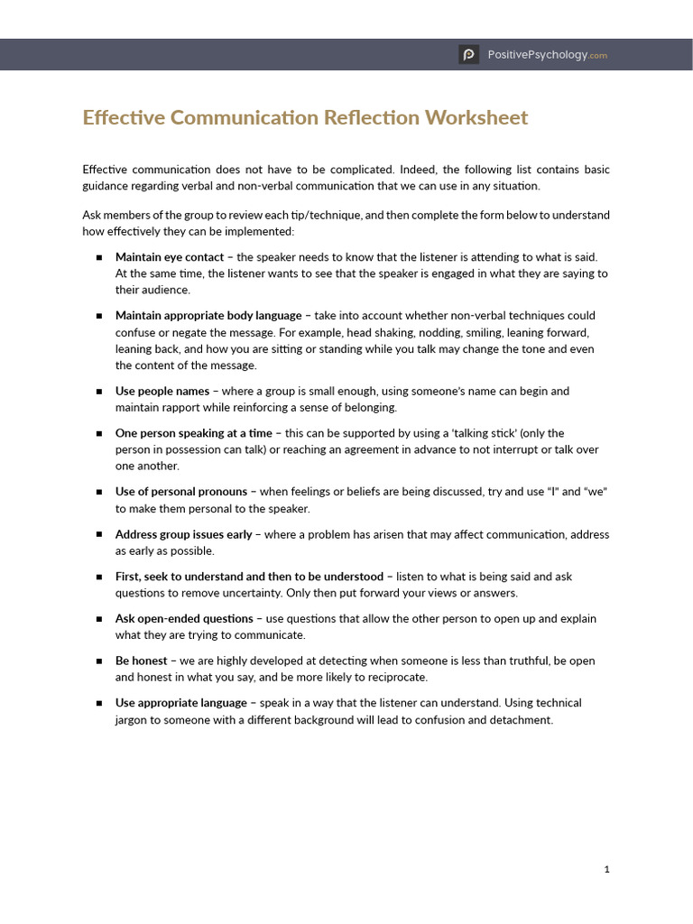 Effective Communication Reflection Worksheet | PDF | Communication ...