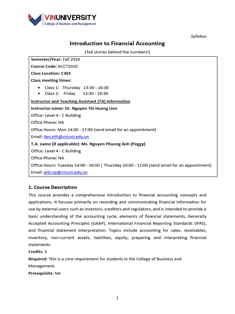 Introduction to Financial Accounting Syllabus | PDF | Financial ...