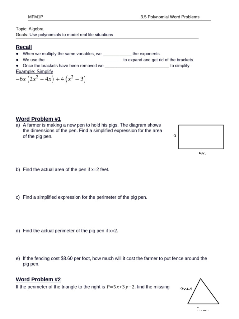 3.5 Polynomial Word Problems | PDF