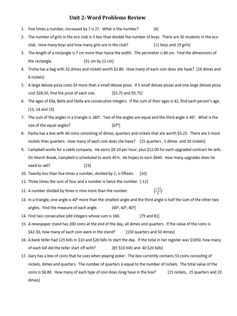 Unit 2 Word Problems Review | PDF | Nickel (United States Coin) | Triangle