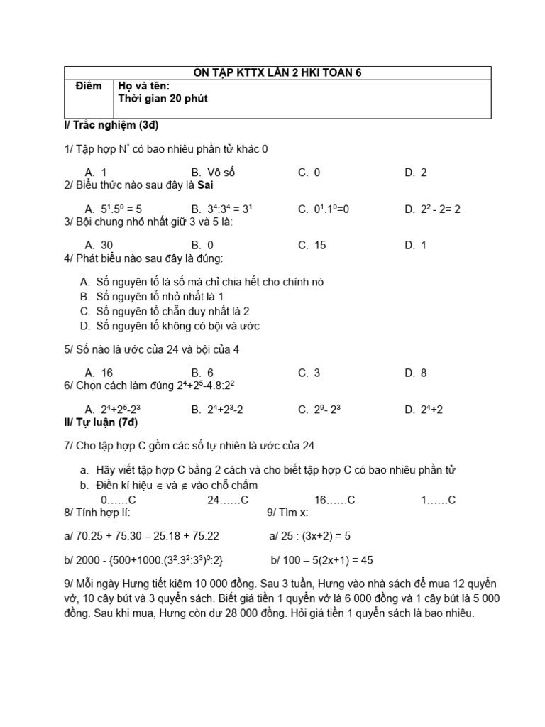 ÔN TẬP KTTX LẦN 2 HKI TOÁN 6 | PDF