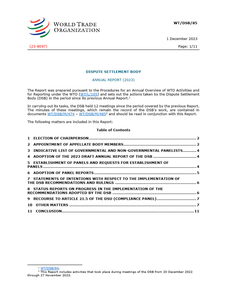 Dispute Settlement Body: Annual Report (2023) | PDF | International ...