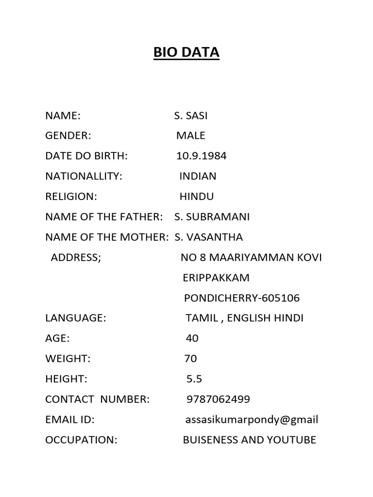 S. Sasi's Bio Data Overview | PDF | Lifestyle