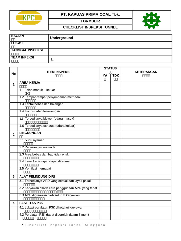 Checklist Inspeksi Tunnel Mingguan | PDF