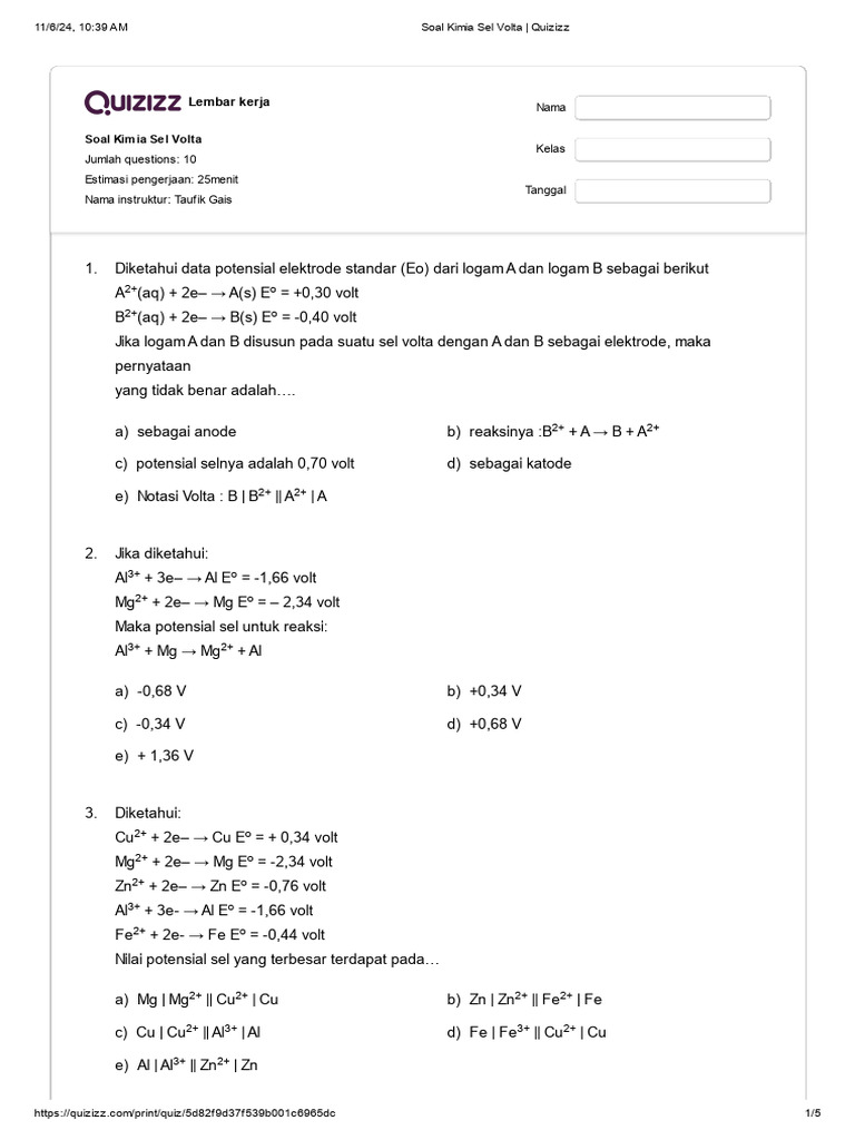 Soal Kimia: Sel Volta Kelas 12 | PDF | Metode & Bahan Ajar | Sains ...