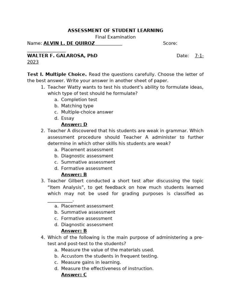 Assessment of Learning Final Exam | PDF | Career & Growth