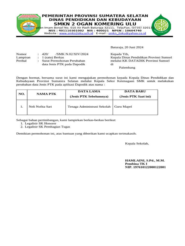 Surat Permohonan Perubahan Data PTK Dapodik | PDF
