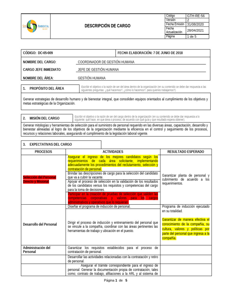 Descripcion de Cargo - Coordinador de Gestión Humana | PDF | Calidad (comercial) | Presupuesto
