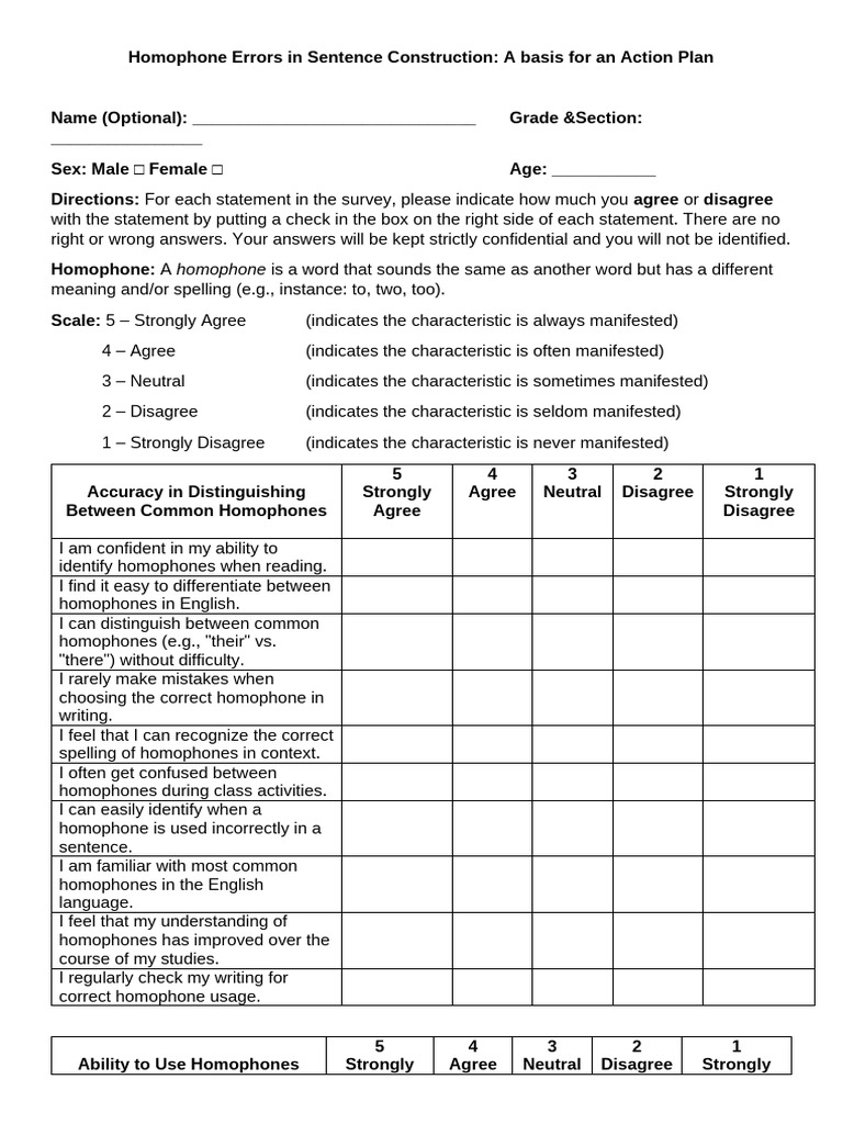 Homophone Errors - Questionnaire | PDF | Vocabulary | English Language