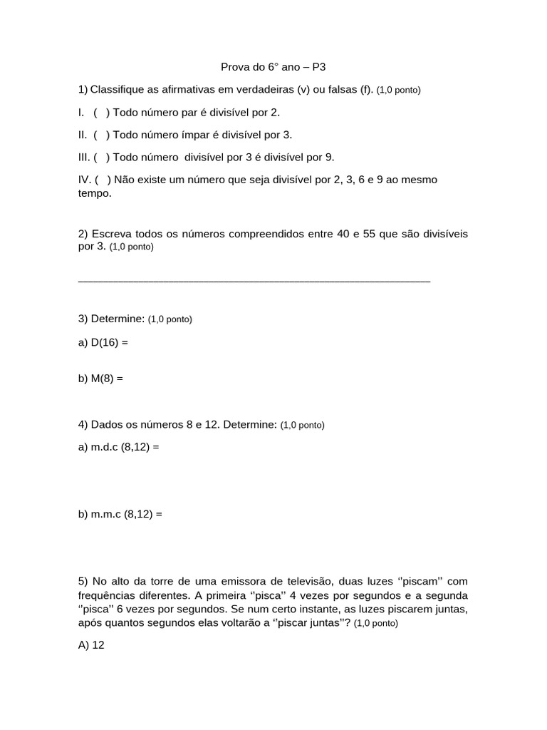 Prova Do 6° Ano - P3 | PDF | Métodos e Materiais de Ensino
