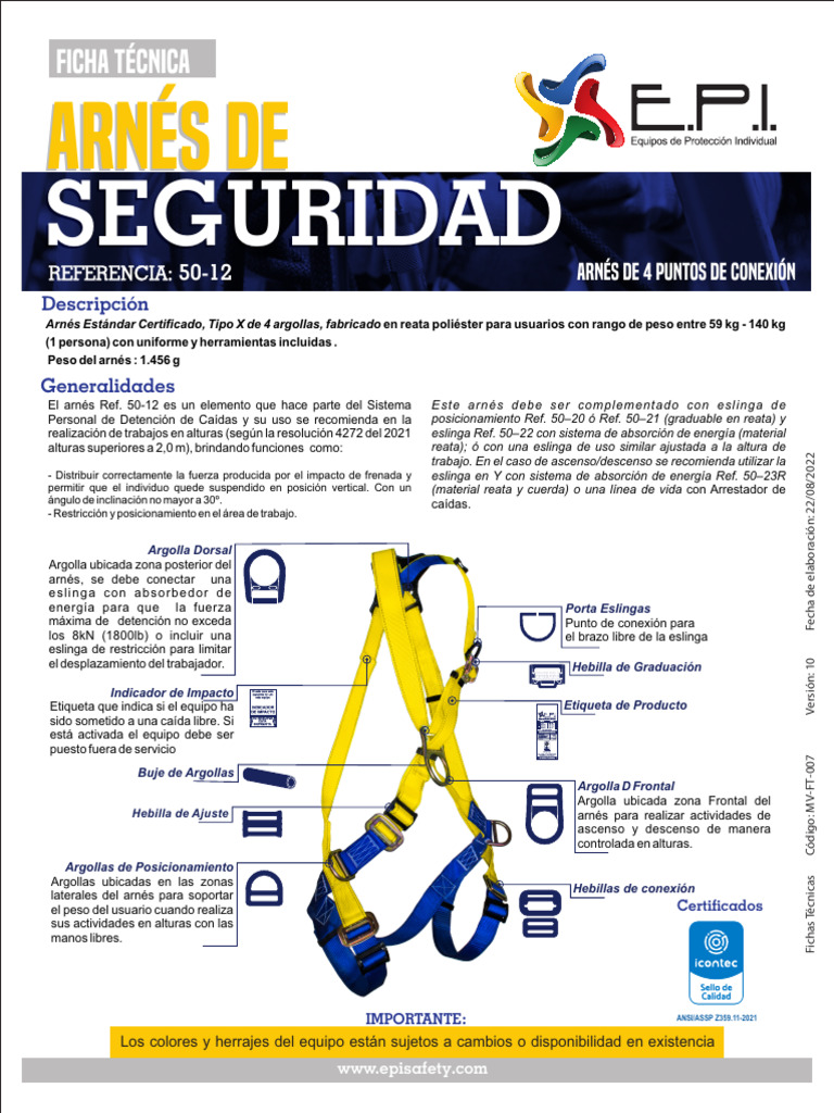 Ficha Técnica del Arnés de Seguridad | PDF
