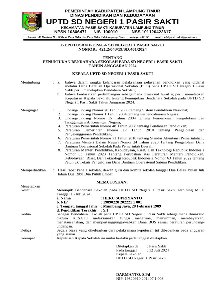 (Panduanmengajar - Com) - Contoh SK Bendahara Sekolah SD 2024 | PDF