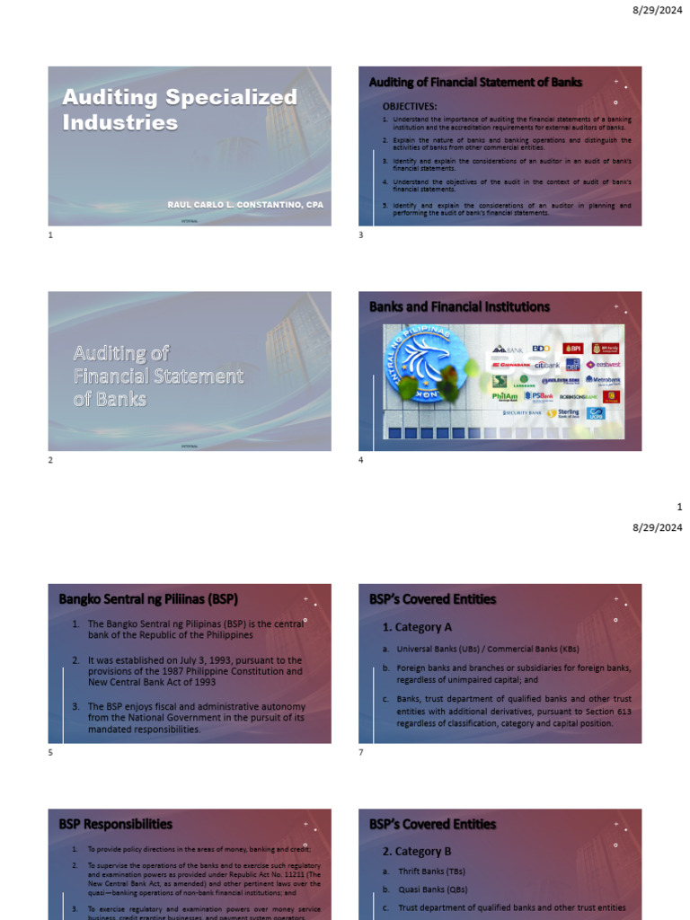 Auditing Specialzed Industries Audit of FS of Banks | PDF | Banks | Audit