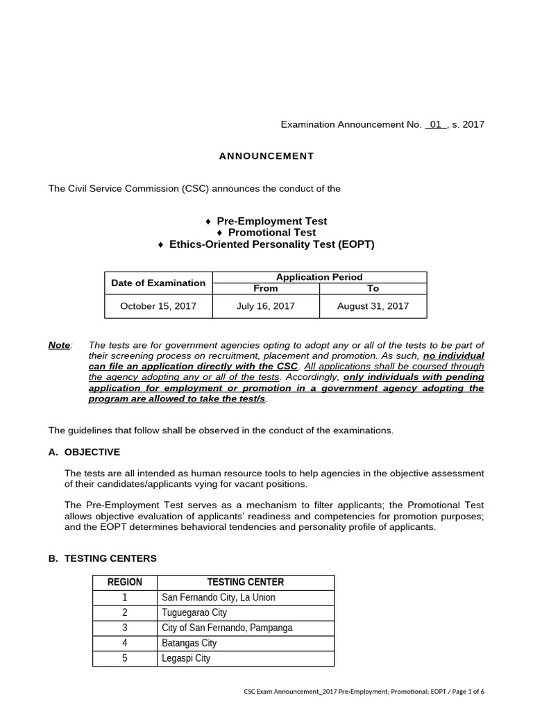 2017 CSC Exam Announcement: Tests & Guidelines | PDF | Identity Document