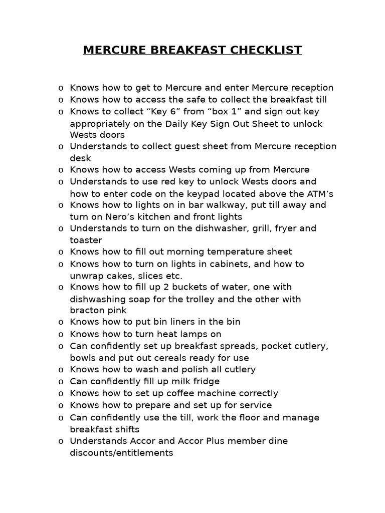 Mercure Breakfast Checklist | PDF | Home & Garden